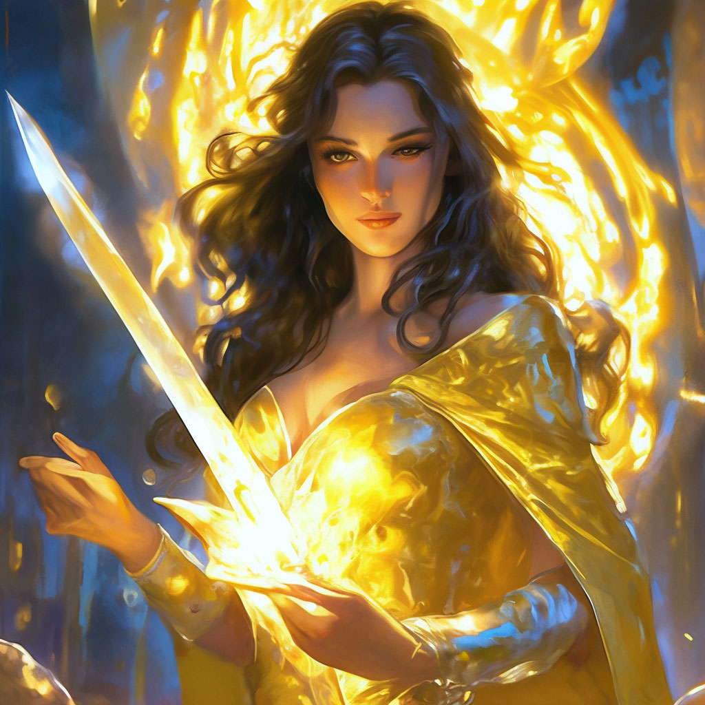 "Surrealism. Fantasy. Divine light. A brunette goddess in a yellow dress, holding a stone ...