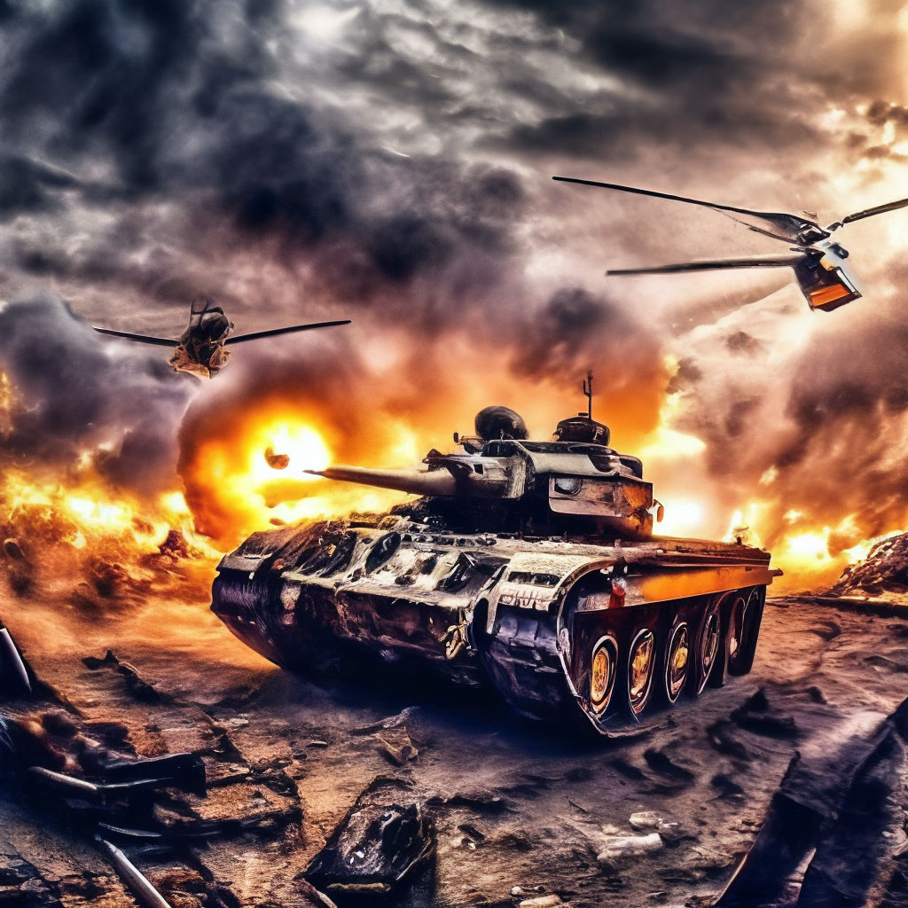 "Tankovii battle and helicopter gunships, tanki shot down, panoramic ...
