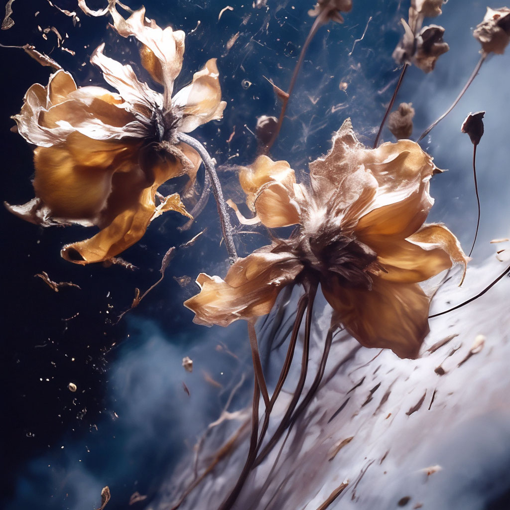 "Withered flowers are blown away by the wind openwork, shining dust ...