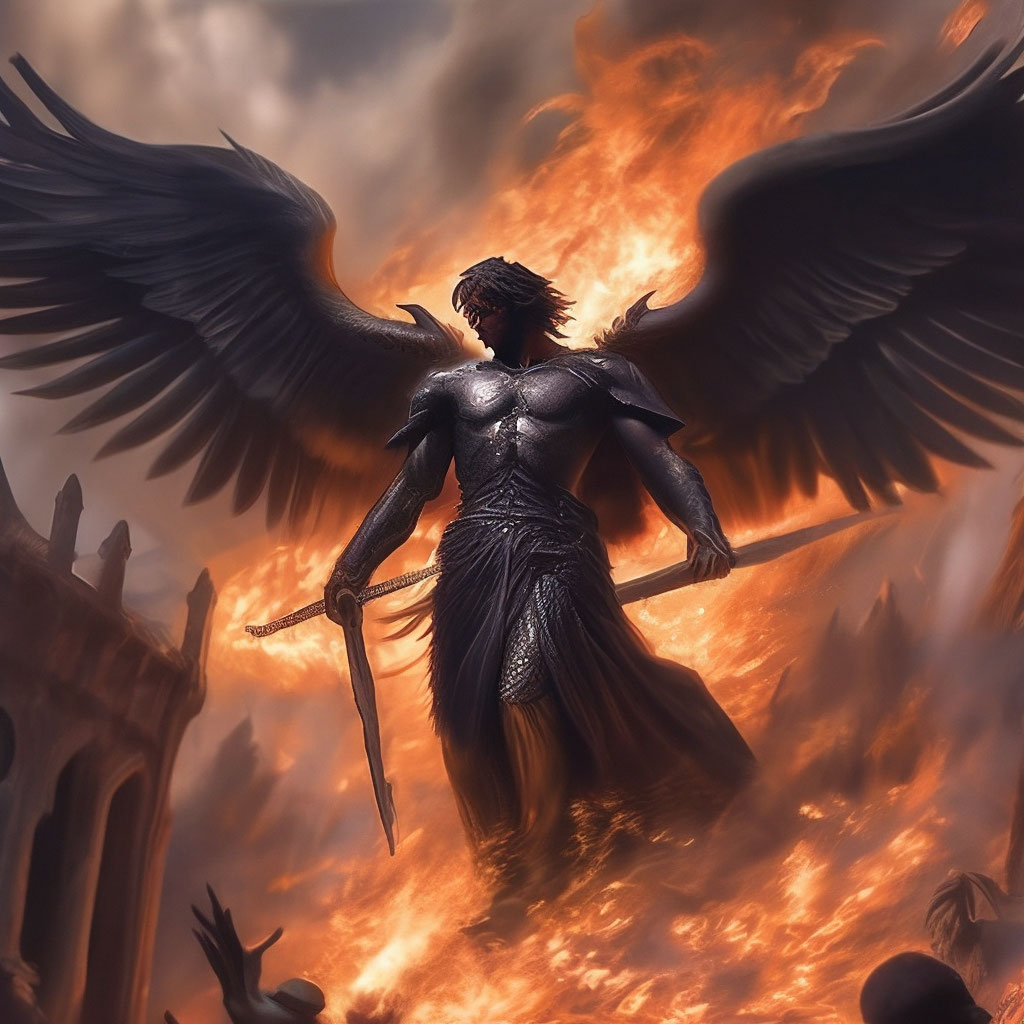 "A fallen angel with black wings over the fires of the Inquisition ...