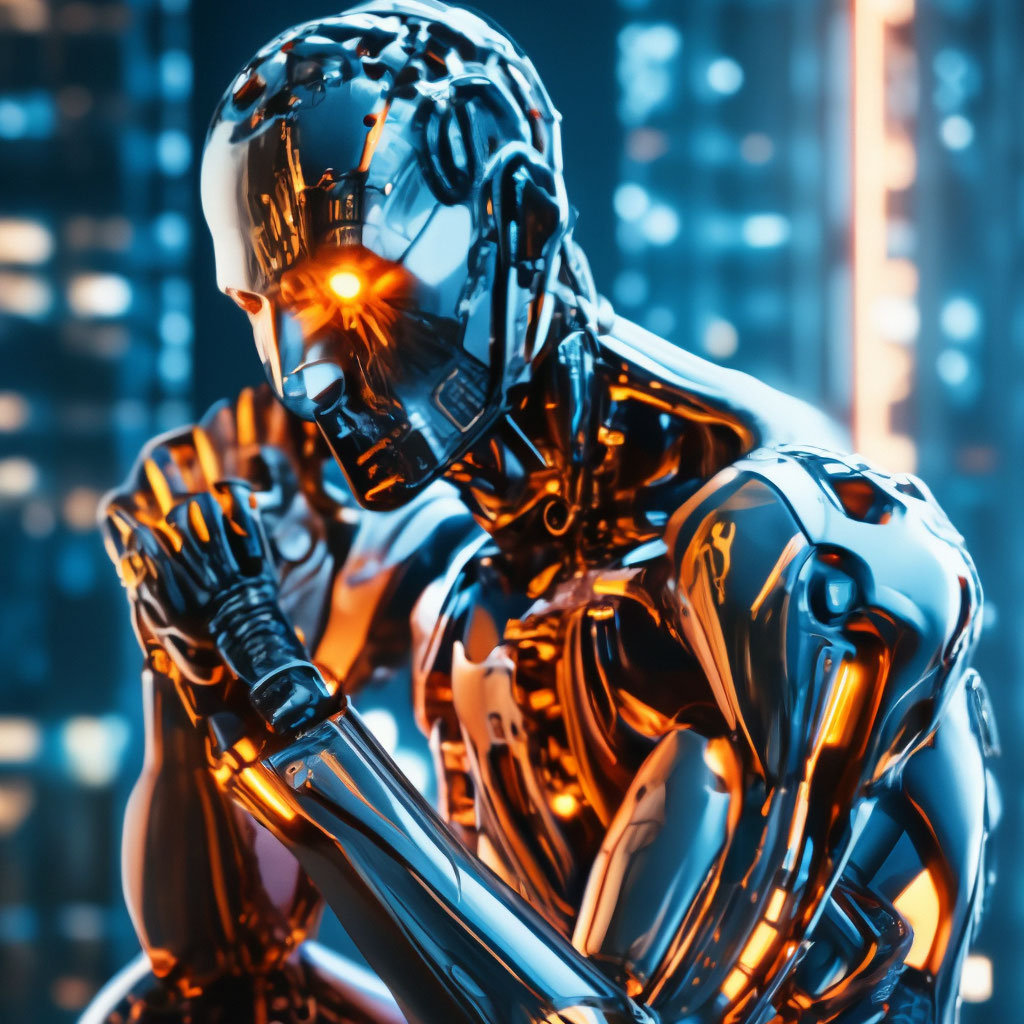 "A translucent humanoid robot in the pose of the thinker Rodin, with ...