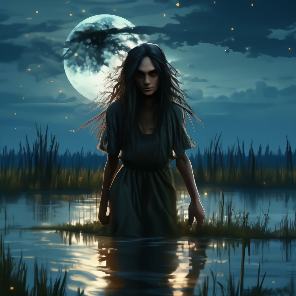 "Kikimora comes out of the swamp , night , full moon , stars in the sky ...