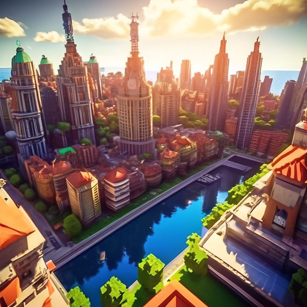 "Beautiful, realistic, minecraft-style, professional photo, city ...
