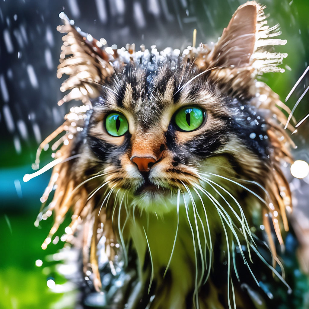 "Fluffy cat got wet in the rain, shakes off raindrops from himself ...