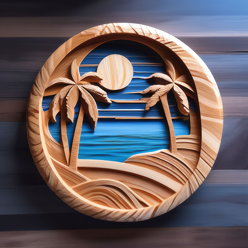 "Intarsia made of wood, only natural colors of wood, lagoon, moon ...
