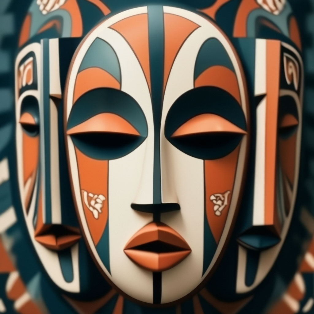 "Surreal African masks, beautiful in space, in the style of Picasso ...