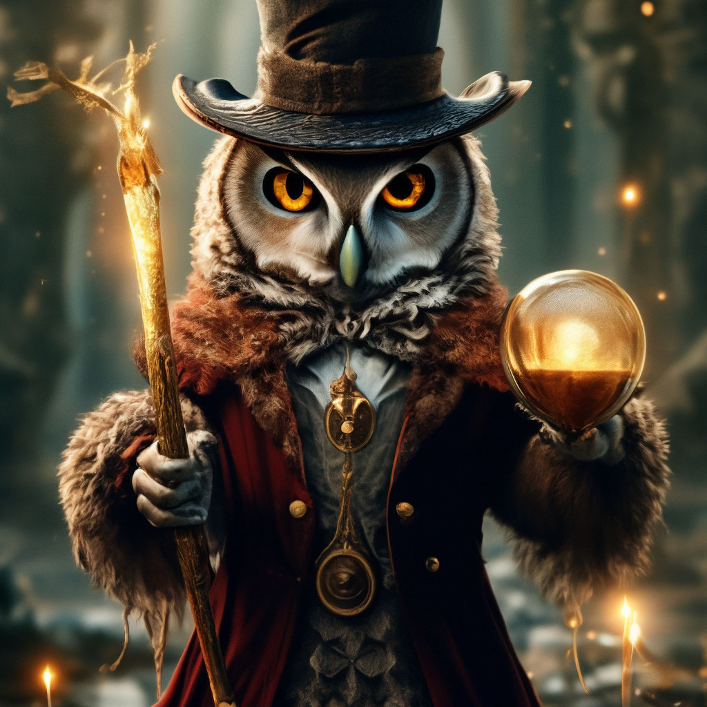 "Owl magician,surrealism,owl holding a magic staff" — image created in ...