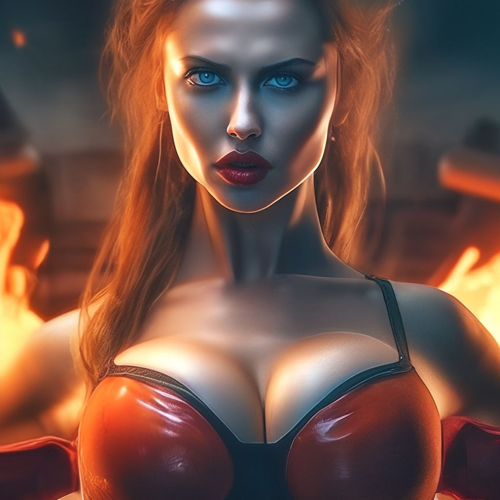"Russian, beautiful woman, horror, forge, big bust symmetrically sticking out, push-up, eyes on ...