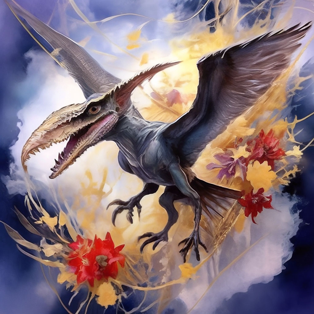 "Epic pterodactyl raptor flying big head, watercolor, pastel, filigree ...