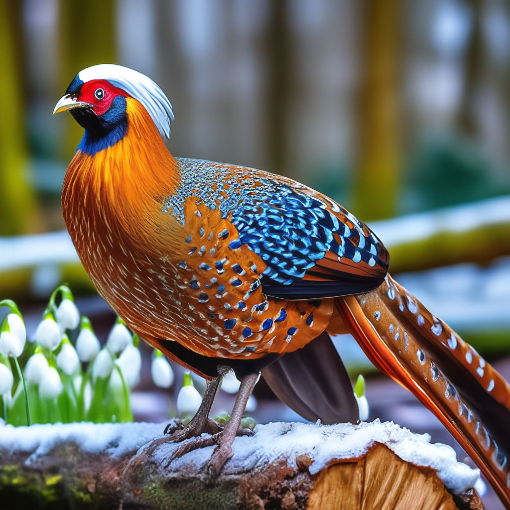 "Rare animal: Royal pheasant. sitting on a log. beautiful snowdrops ...
