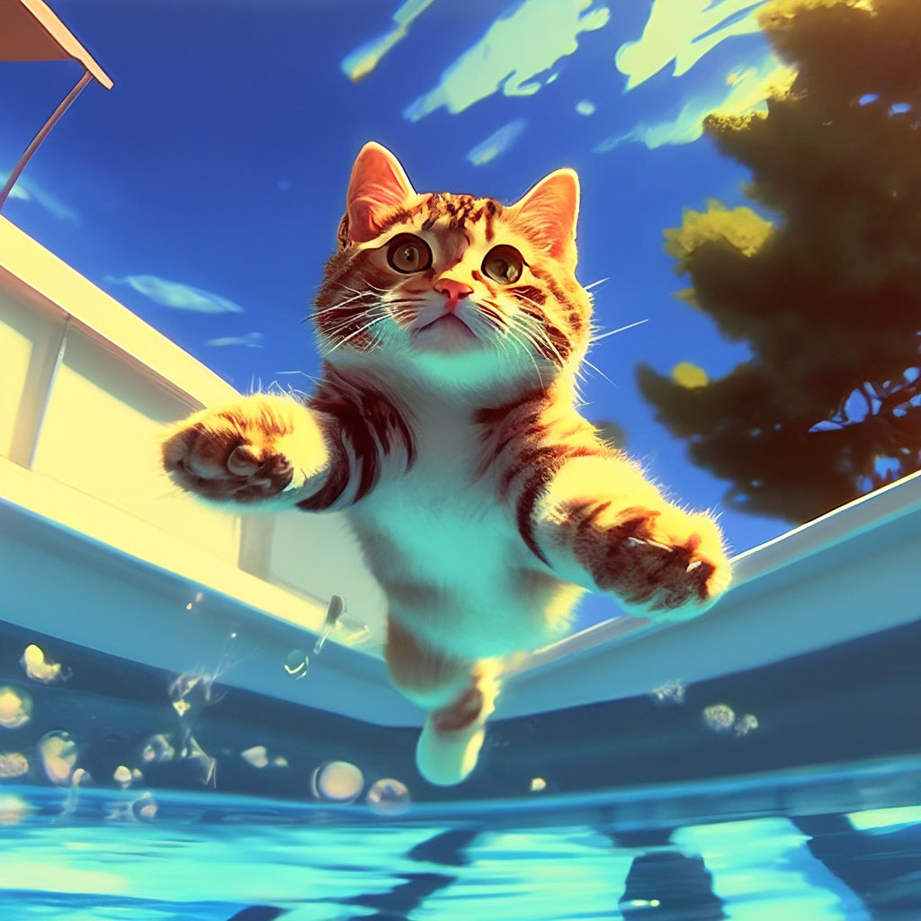 "The cat dives into the pool, realistically🏝" — image created in Shedevrum
