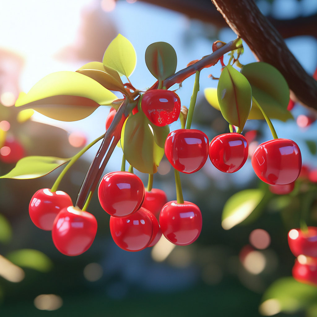 "A cherry tree is hanging on a branch, the sun is shining, hyper ...