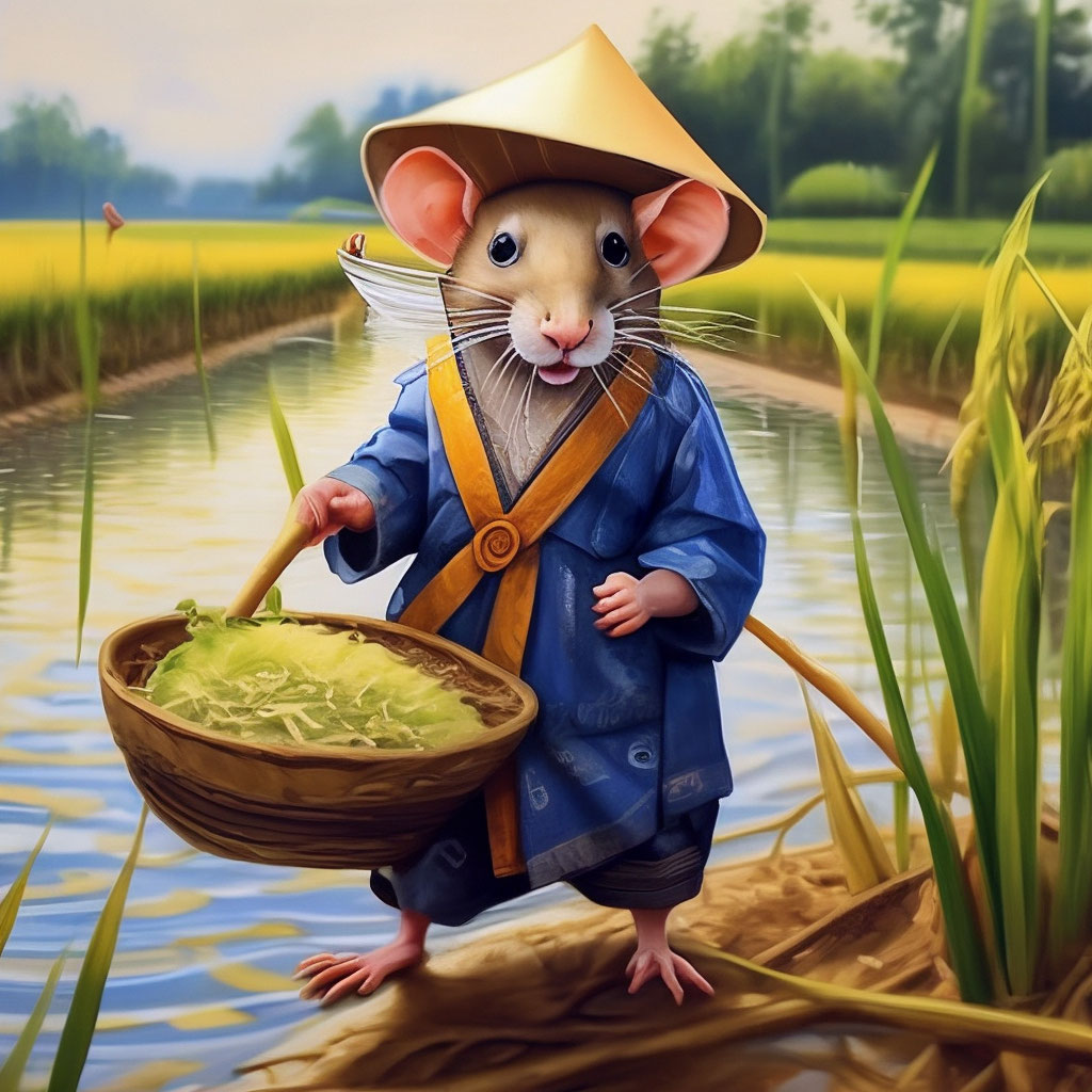 "A rat in Vietnamese clothes grows rice in the fields near the river ...
