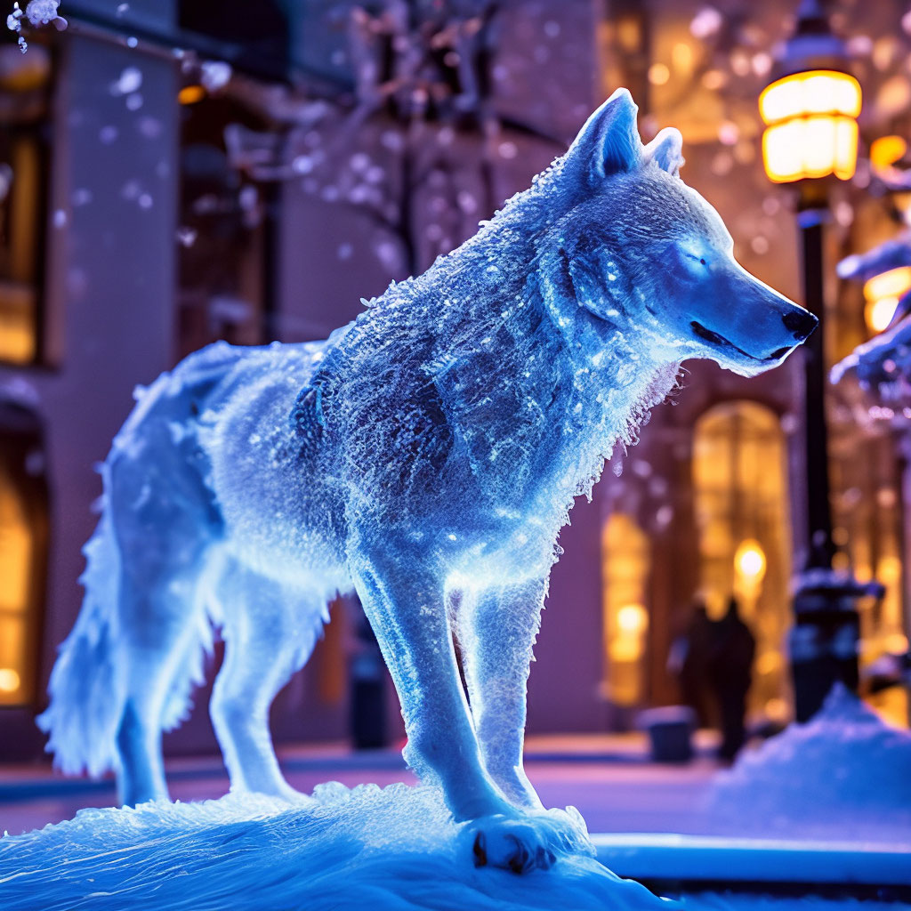 "Rusi ©,sparkling with frost (bioluminescence) wolf made of ice on neon ...