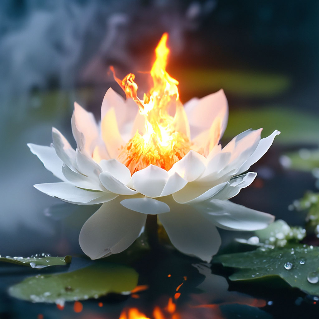"Beautiful white lotus, fire ,lotus is burning, fog, destruction,dark ...