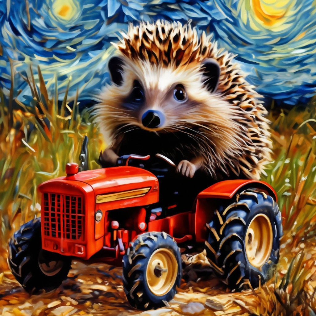 "Hedgehog on a red tractor, in the style of van Gogh" — image created ...