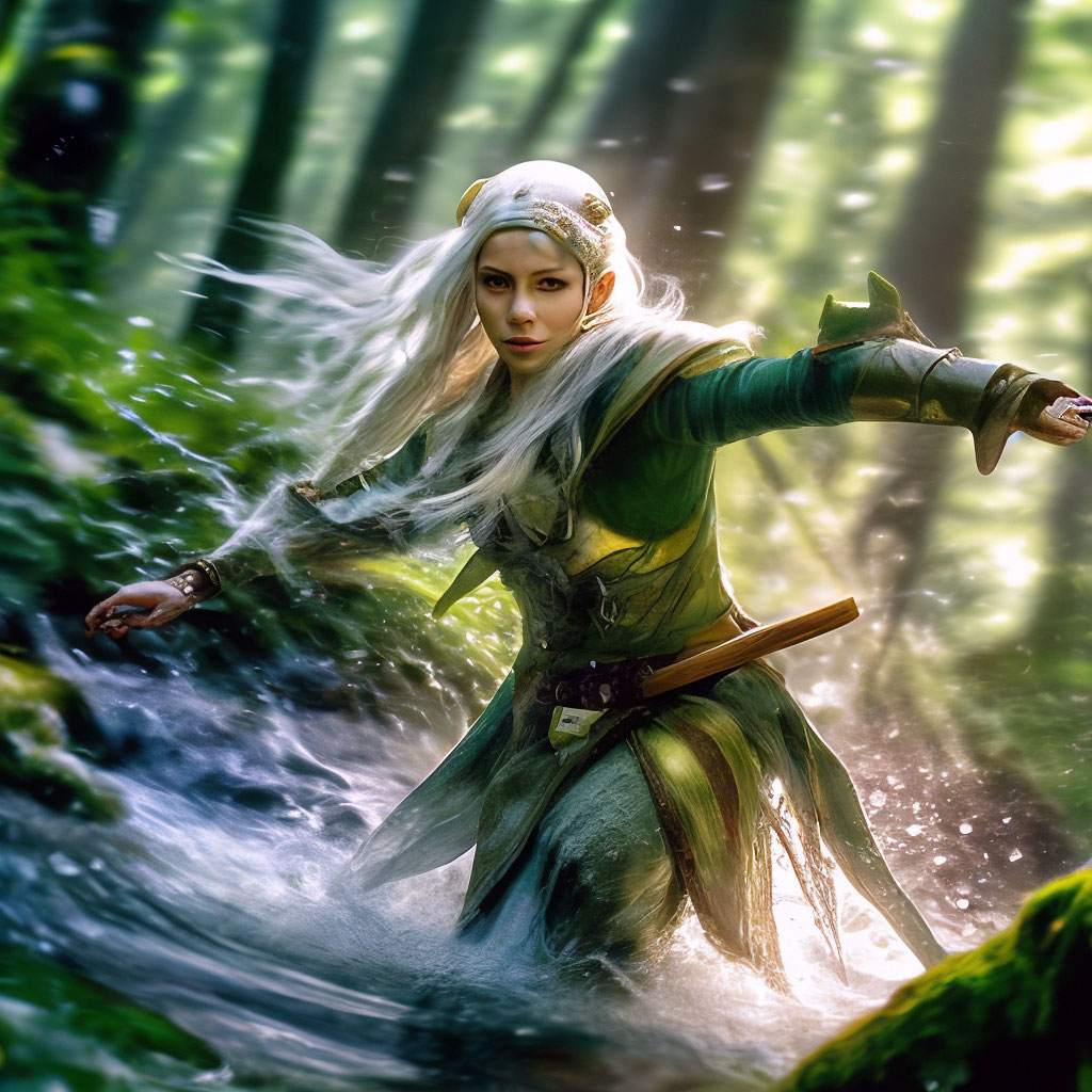 "Forest elf water mage, half turn, cgi, hdr" — image created in Shedevrum