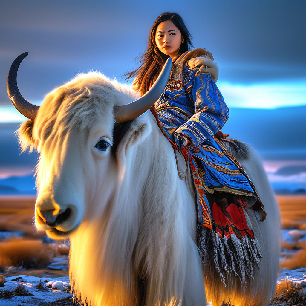 "Sweet gentle girl, age 25, riding a yak in detail, professional photo ...