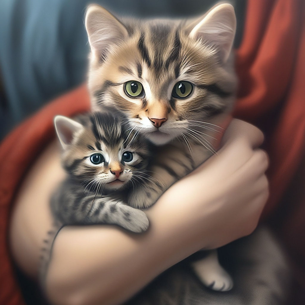 "Realistic picture of a cat carrying a kitten by the scruff of the neck ...