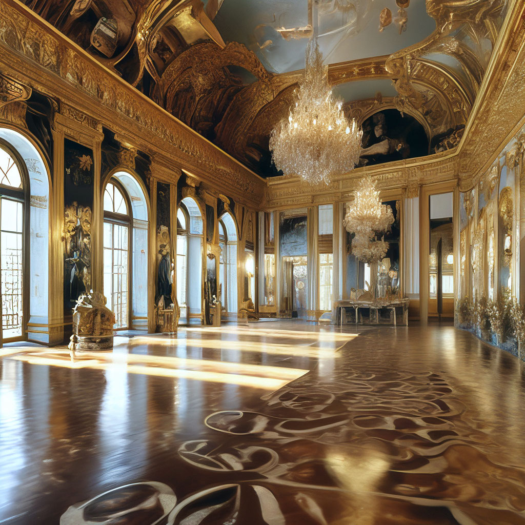 "Ballroom, mirrored floor,gilded walls,stucco,filigree,hyperrealism,32k ...