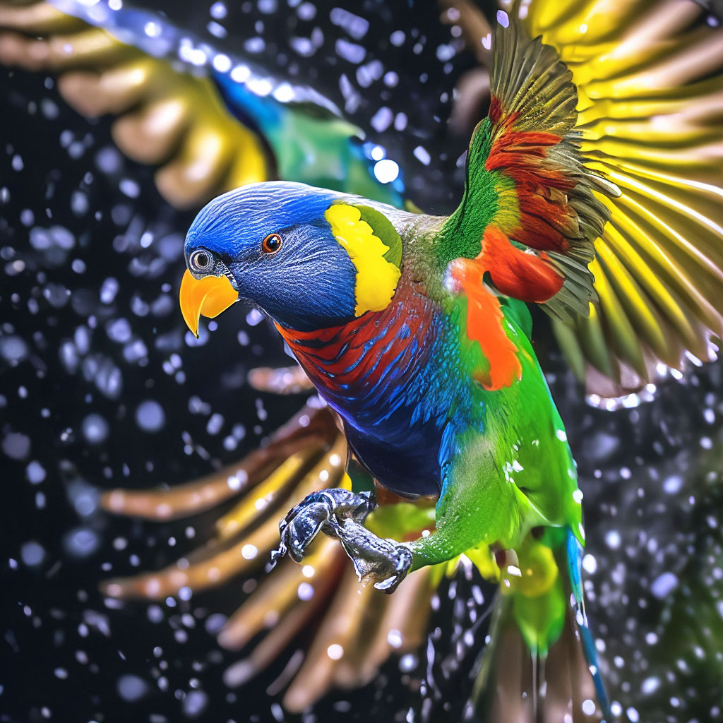 "Parrot jumping, drops, honey, pollen, lots of small details, high ...