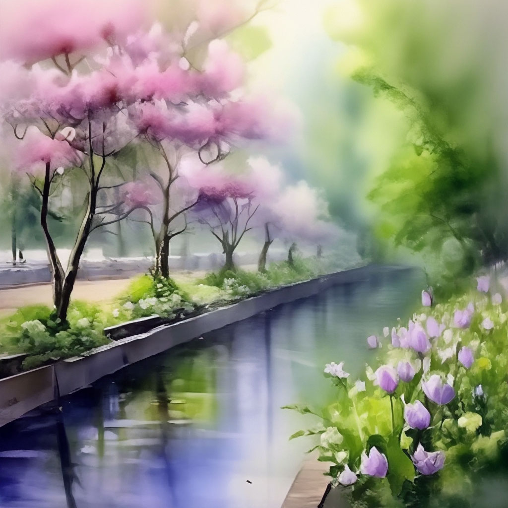"Delicate watercolor, fine drawing, beautiful spring embankment, fresh ...