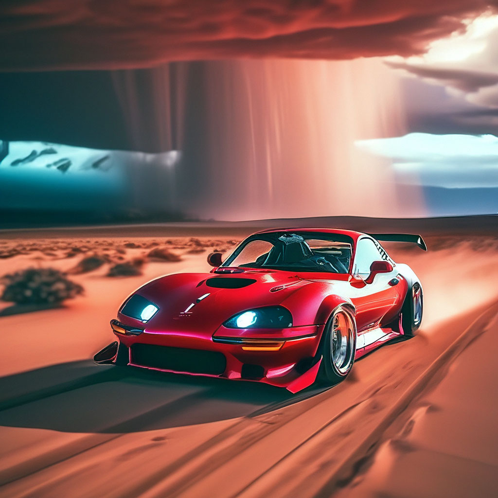 "MAZDA,RED,IN THE DESERT,AND ON THE BACKGROUND OF A STORM,4K,LIVE IMAGE ...
