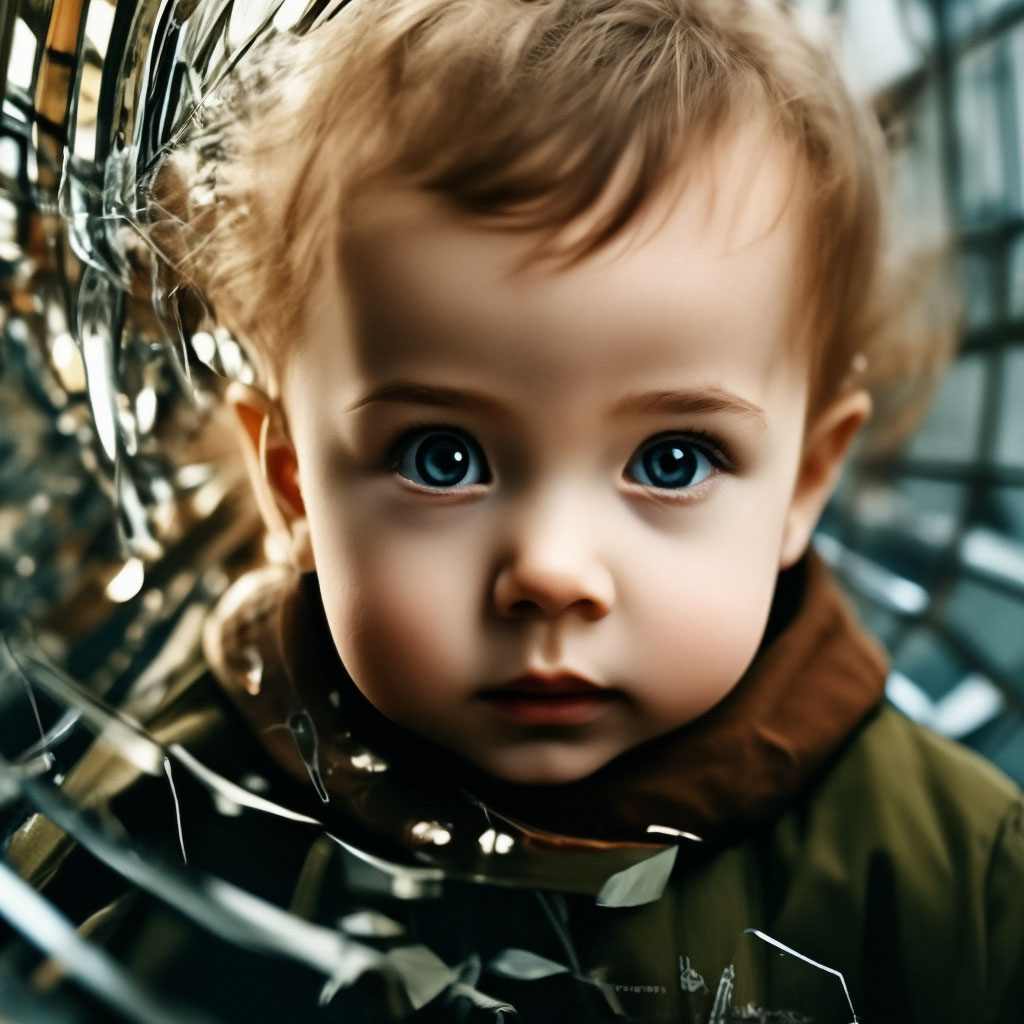 "Double Exposure photo, карапуз, shattered mirror effect, broken mirror ...