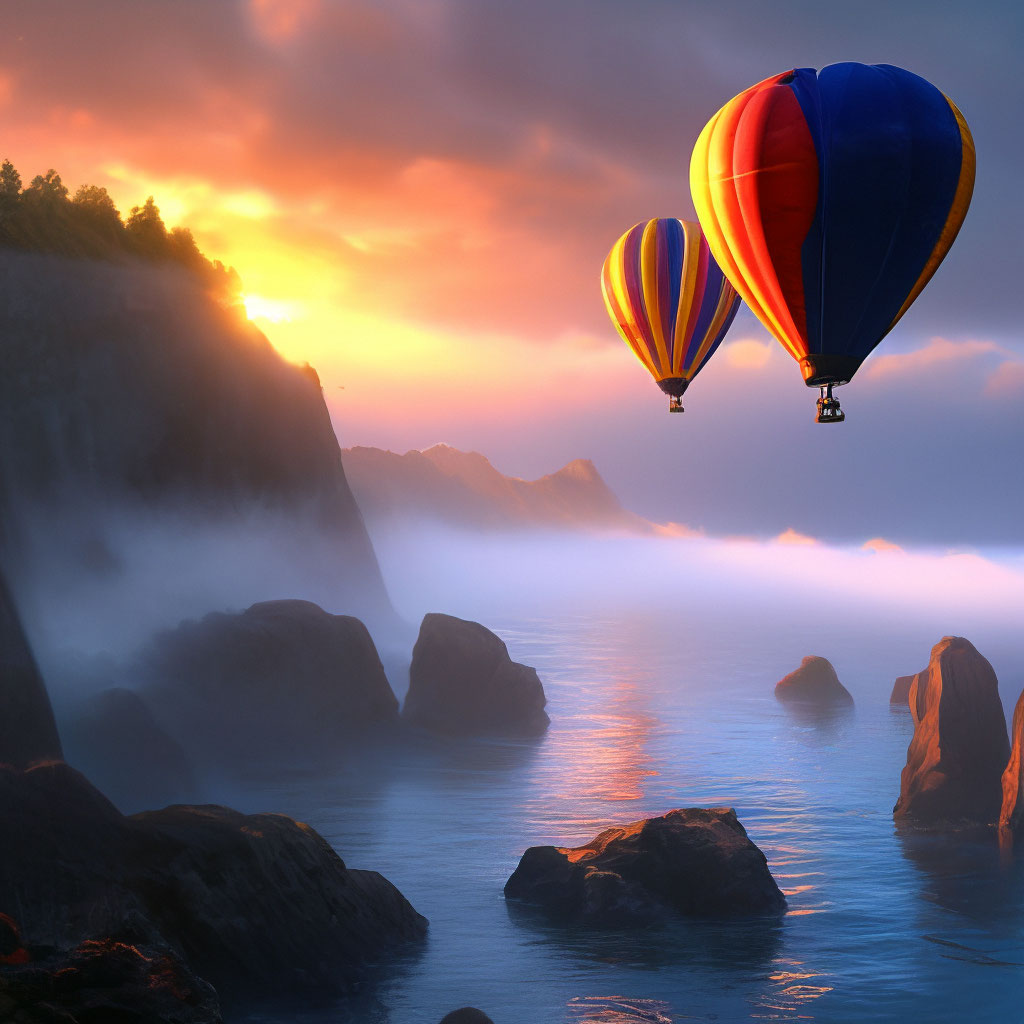 "Balloon, fog, the first ray of the sun, deep dark night, rocks, bay ...