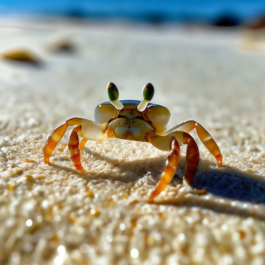 "A tiny translucent crab on white sand" — image created in Shedevrum