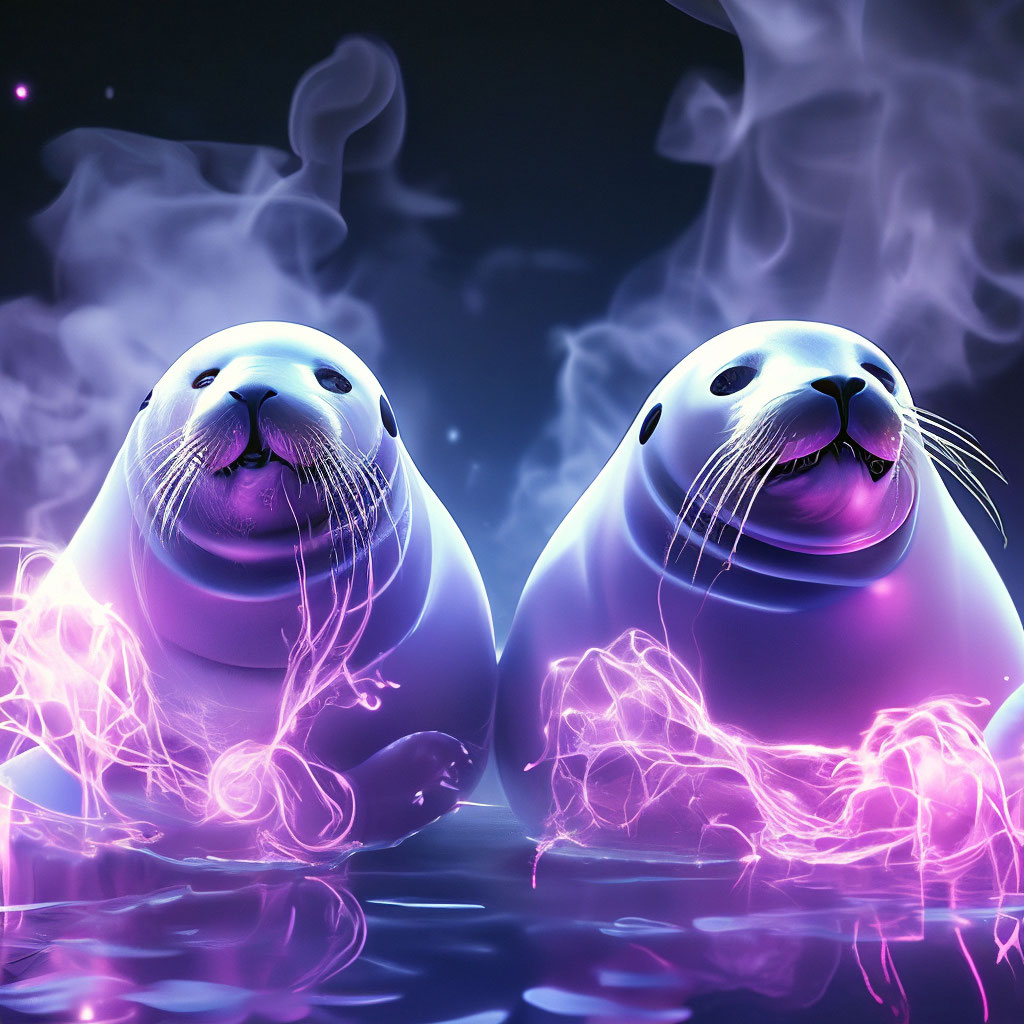 "Ghostly transparent futuristic two seals, smoke and steam, purple glow ...