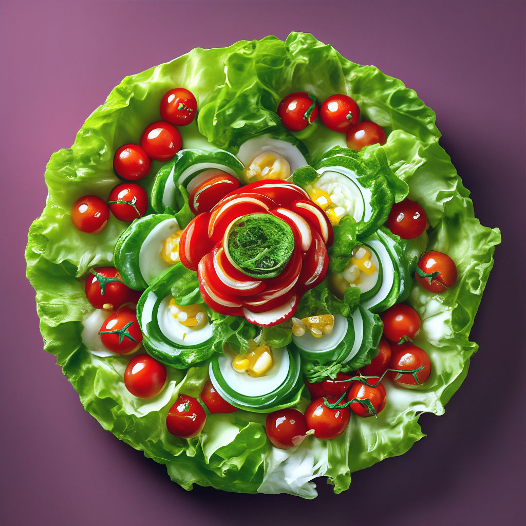 "Assorted salads, each laid out on a lettuce leaf and decorated with a ...