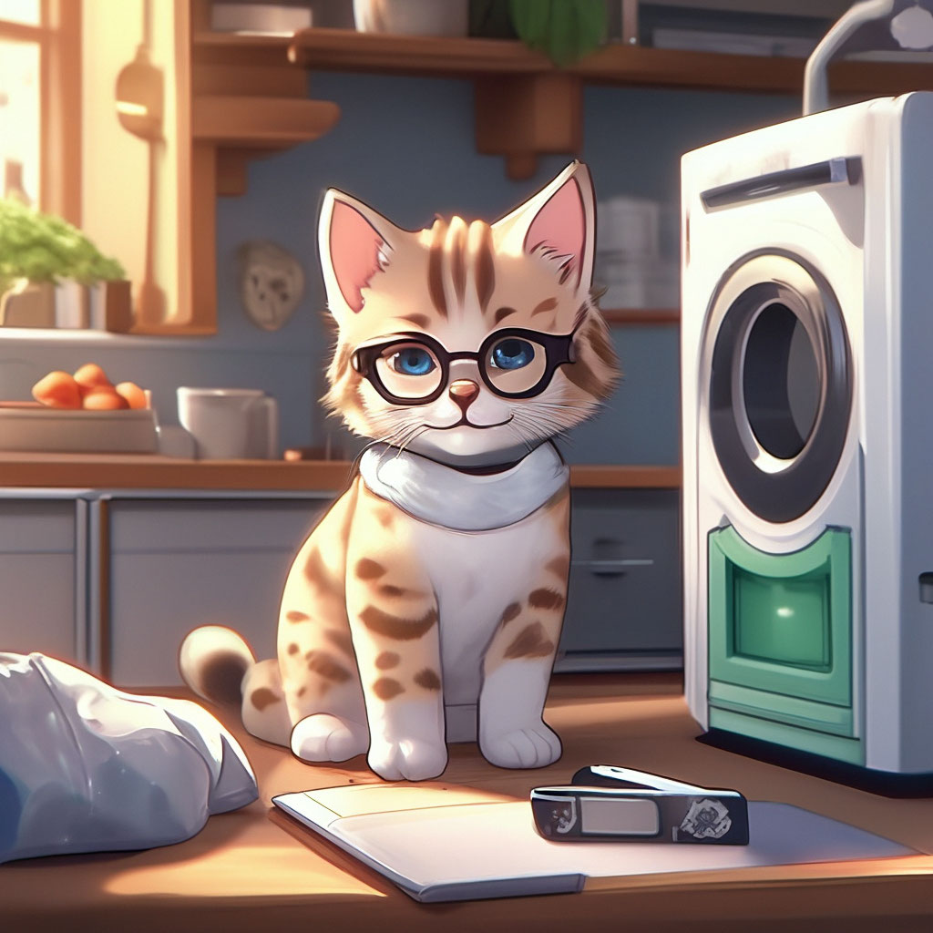 "A cat with glasses and a notebook sells a washing machine in the ...