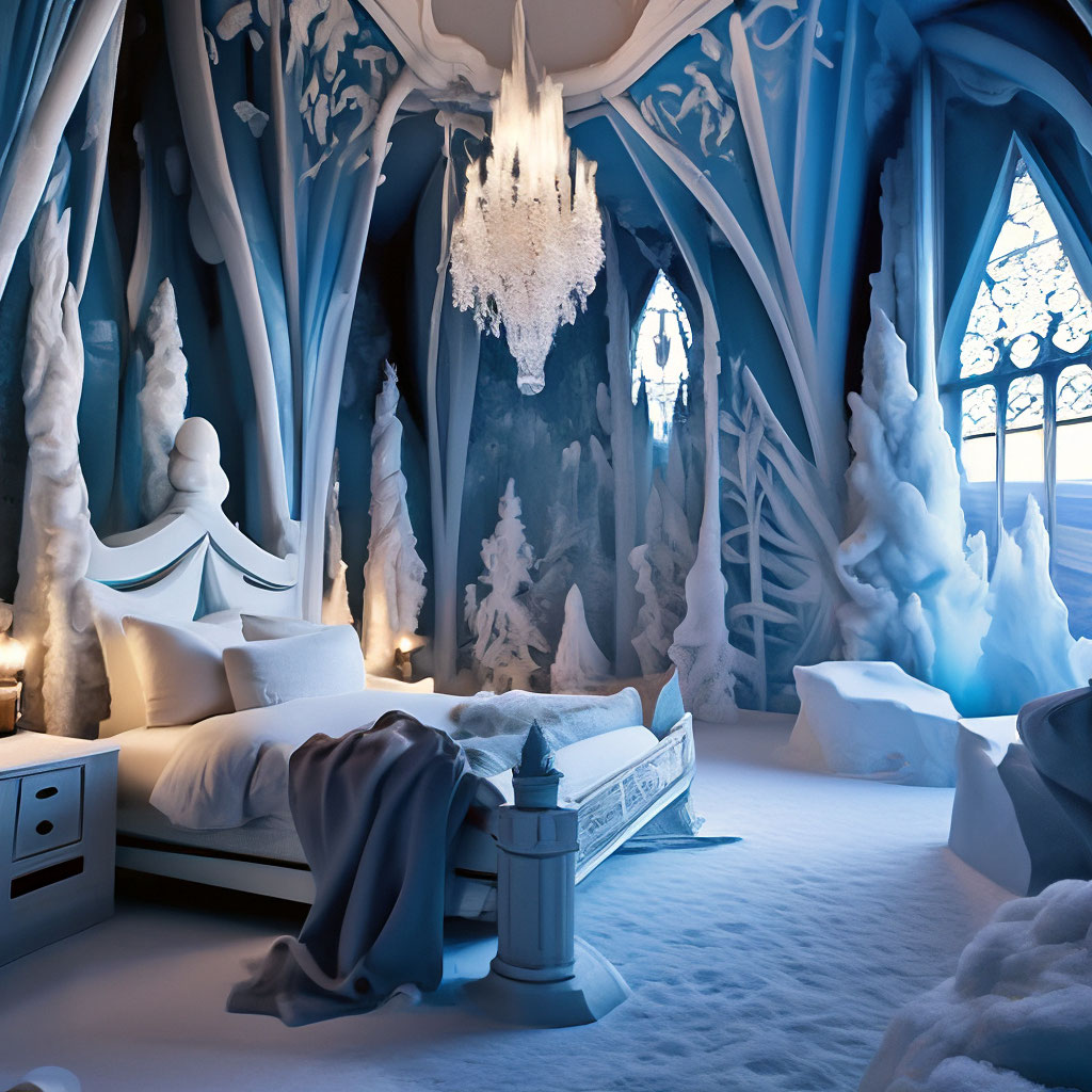 "The snow queen's bedroom in the ice palace" — image created in Shedevrum