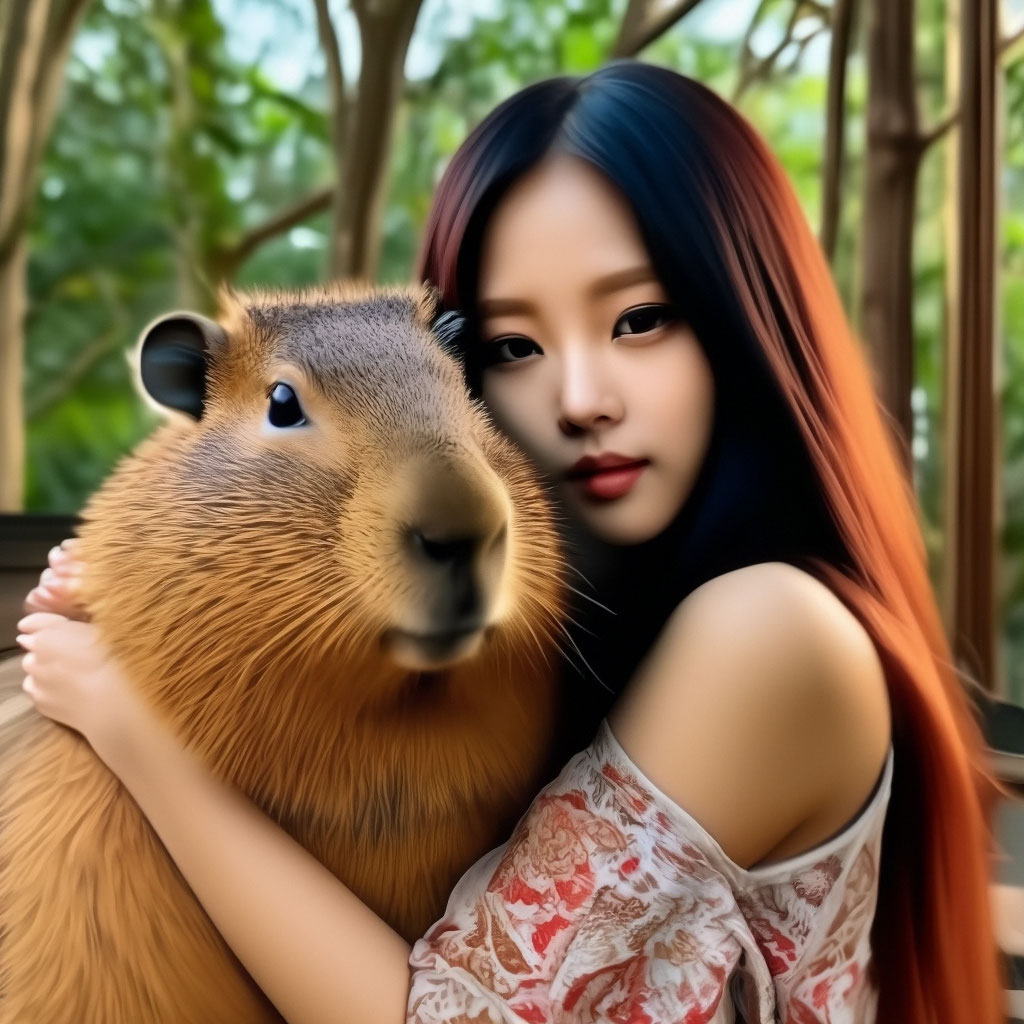 "Capybara hugs jenny from black pink" — image created in Shedevrum
