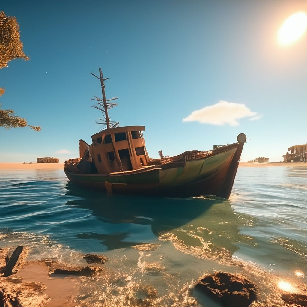 "32k,FHD,post-apocalypticism,sunny day,calm sea, abandoned boat on the ...