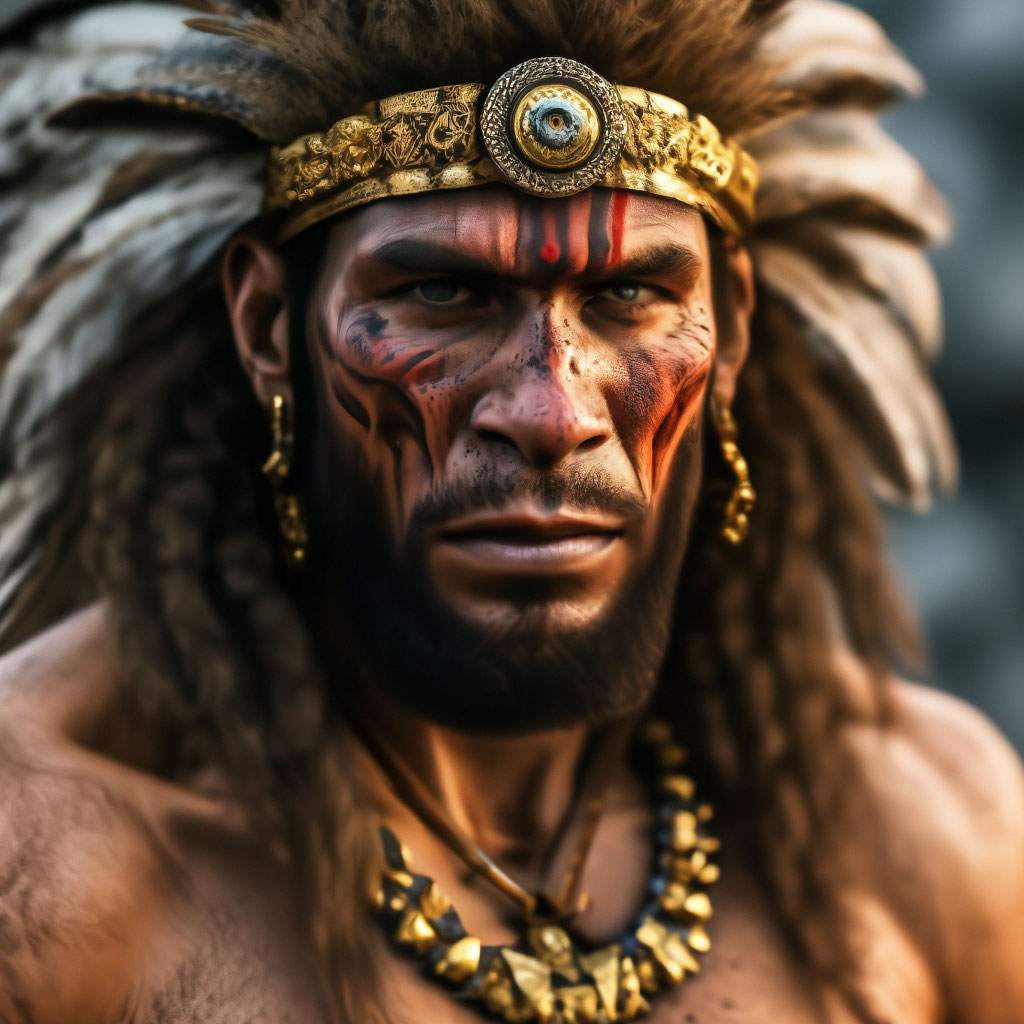 "Ancient Paleoanthropic Neanderthal warrior, beautiful, feathers, gold ...