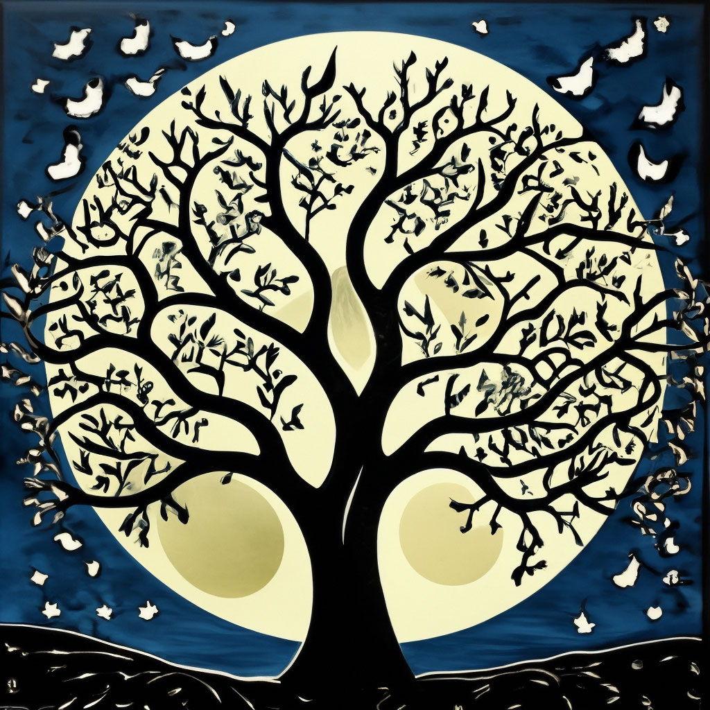 "Tree with birds , moonlight , full moon, picasso" — image created in ...