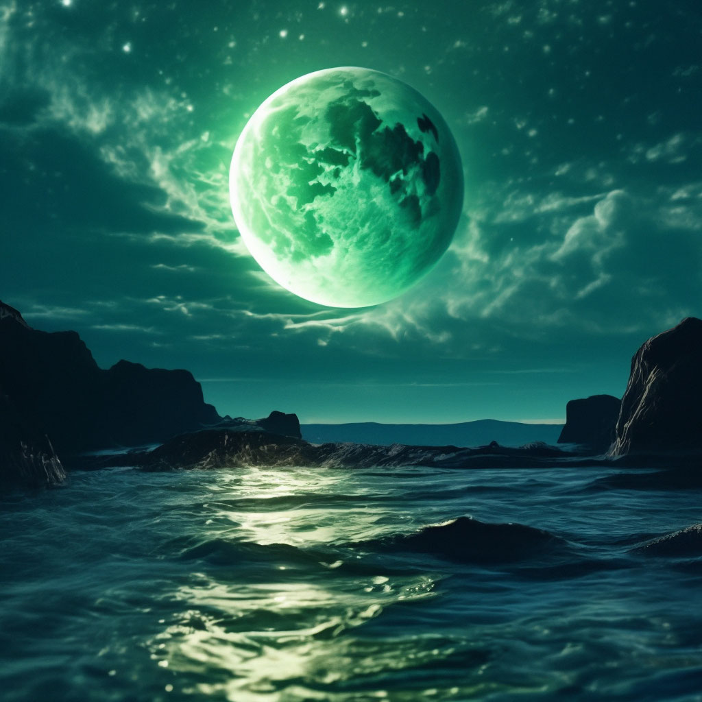 "Huge green moon on the horizon, starry sky, over a smooth ocean, only ...