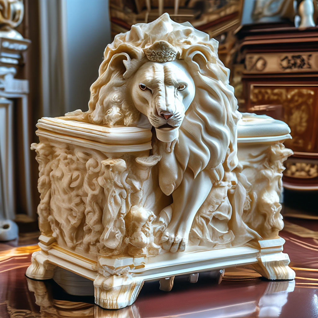 "Carved antique ivory casket in the form of a fantastic lion,on a stand ...