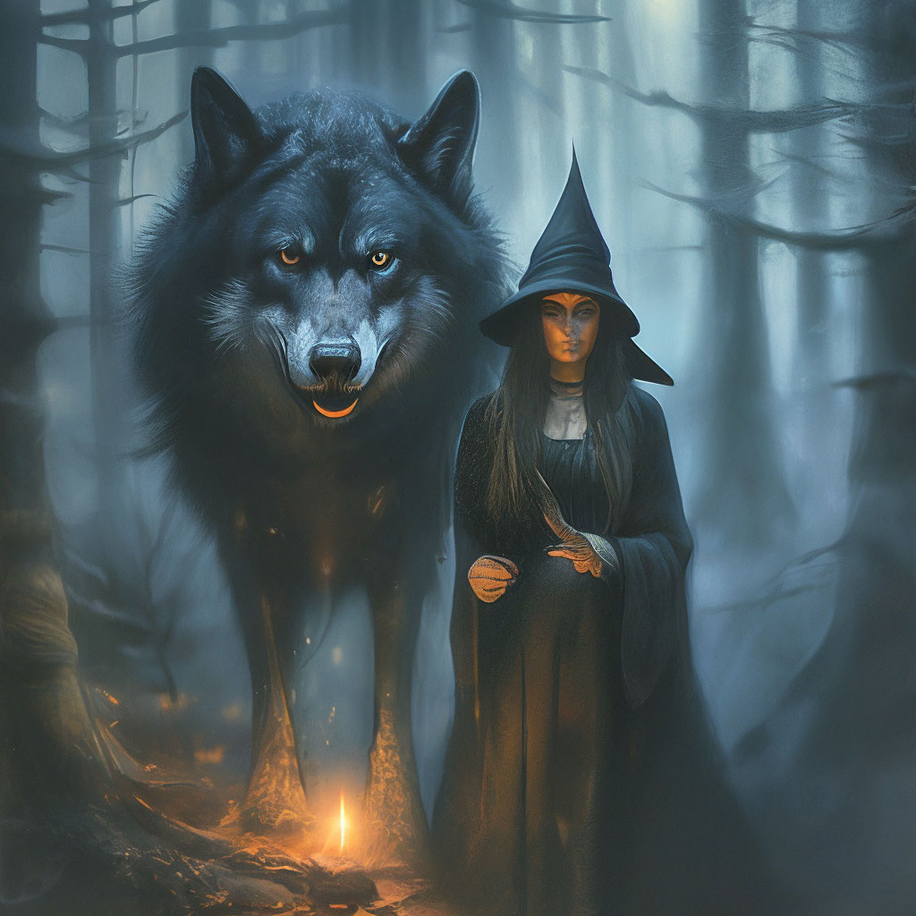 "A witch in a dark forest with a wolf" — image created in Shedevrum