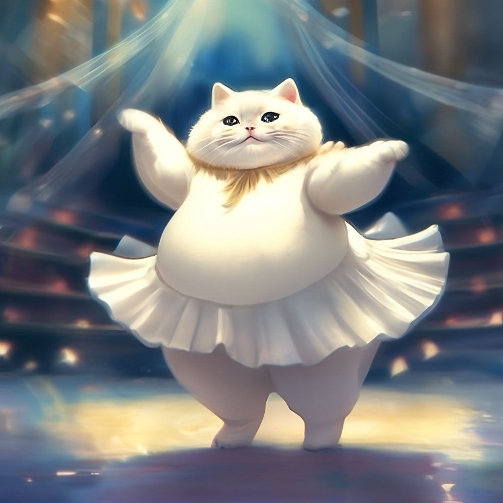 "A joyful cute clumsy fat cat in a tutu is dancing the main part of the ...