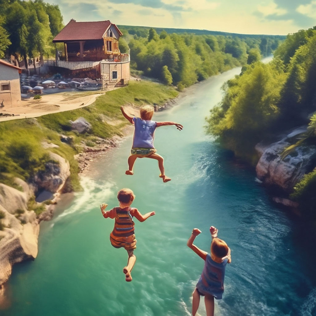 "Retro USSR 80s, joyful kids in the village jump into the river from a ...