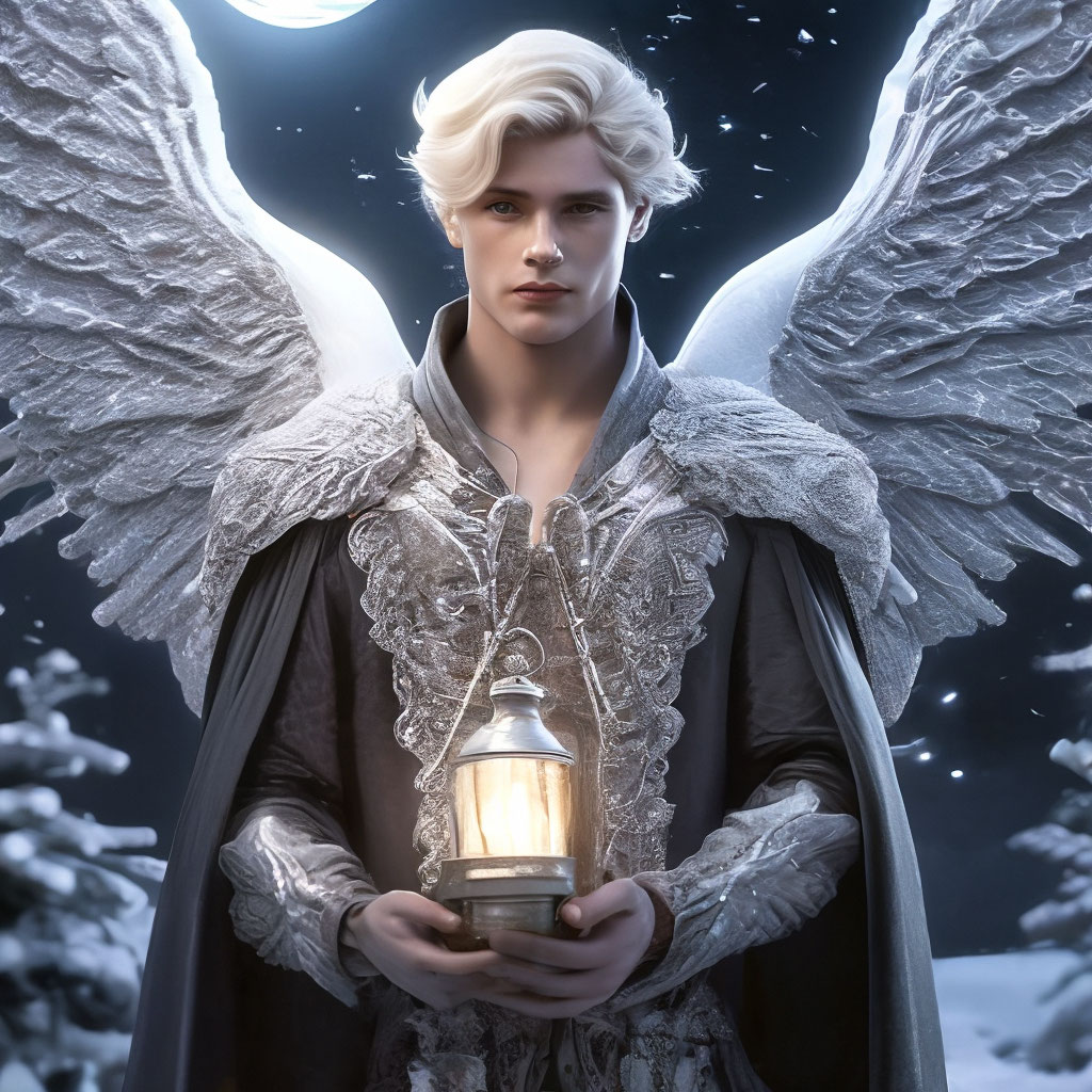 "A landscape in dark silver tones, a handsome nephilim guy with short ...