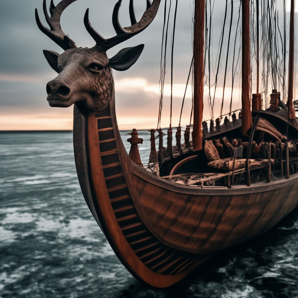 "Viking drakkar, deer carved from the bow of the ship, sea, cold ...