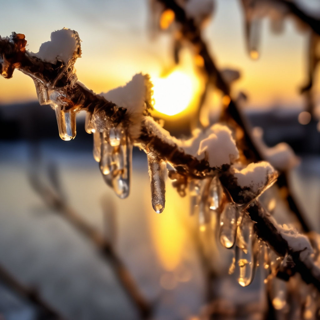 "The branches are decorated with shiny ice formations resembling an ...