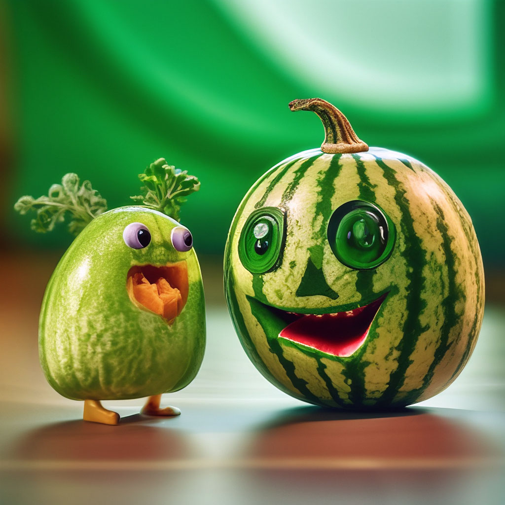 "Funny green watermelon communicates with a cute, shy, scared pumpkin ...