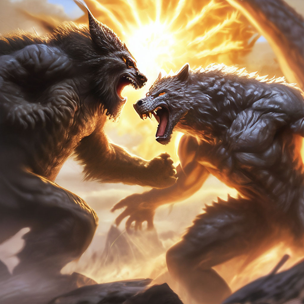 "Werewolf vs Dragon Man battle in the sun, attention to detail, high ...