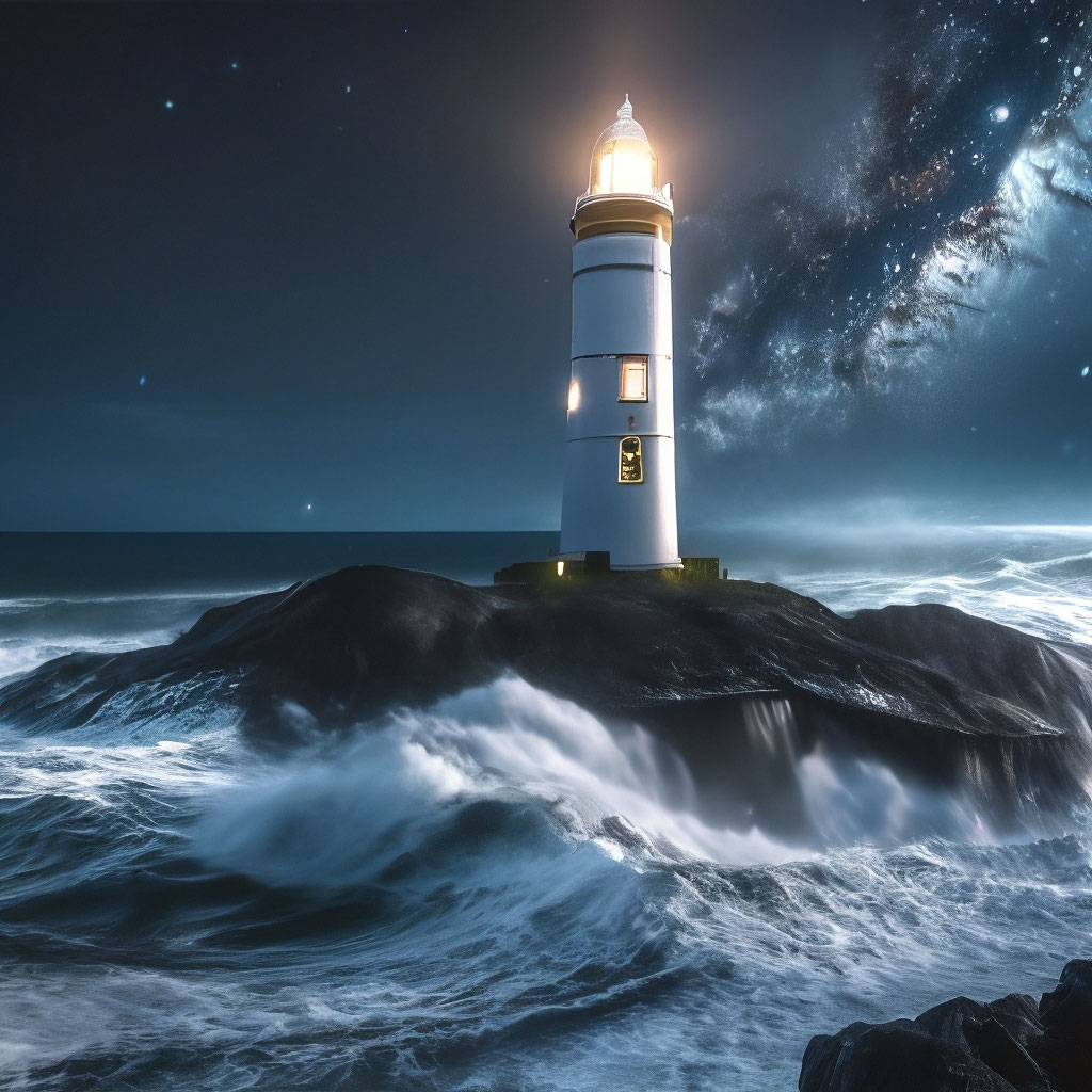"Lighthouse in the middle of the ocean huge waves cover the lighthouse ...