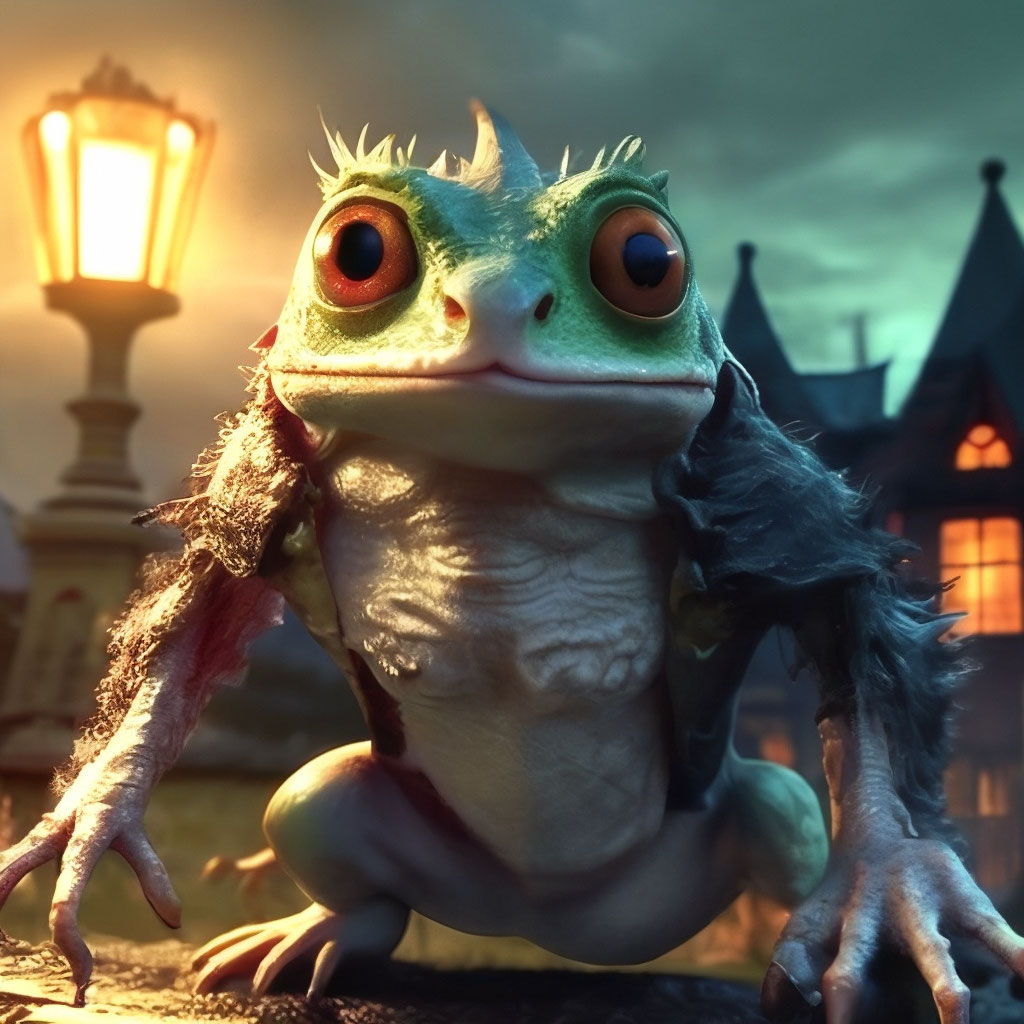 "A scary frog turned into a werewolf in the evening." — image created ...